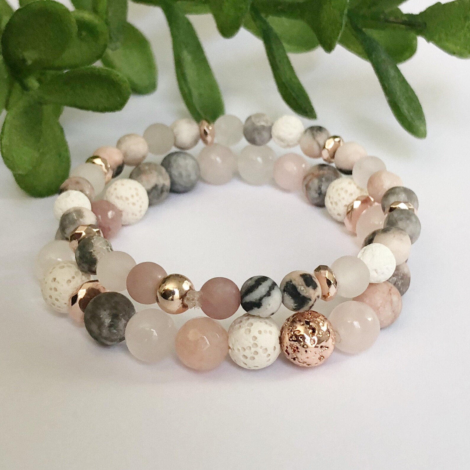 Pink Zebra Jasper and Rose Quartz Crystal Beaded Bracelet in Gold, Rose ...