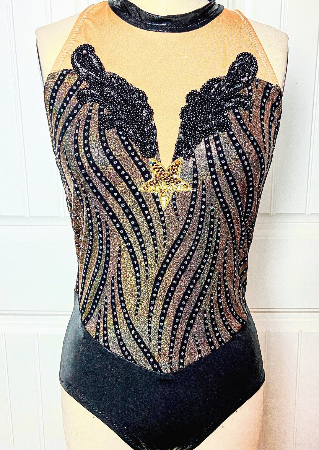 Glam Aerial Circus Costume, Sexy Gold Black Dance Leotard Medium Ready ...