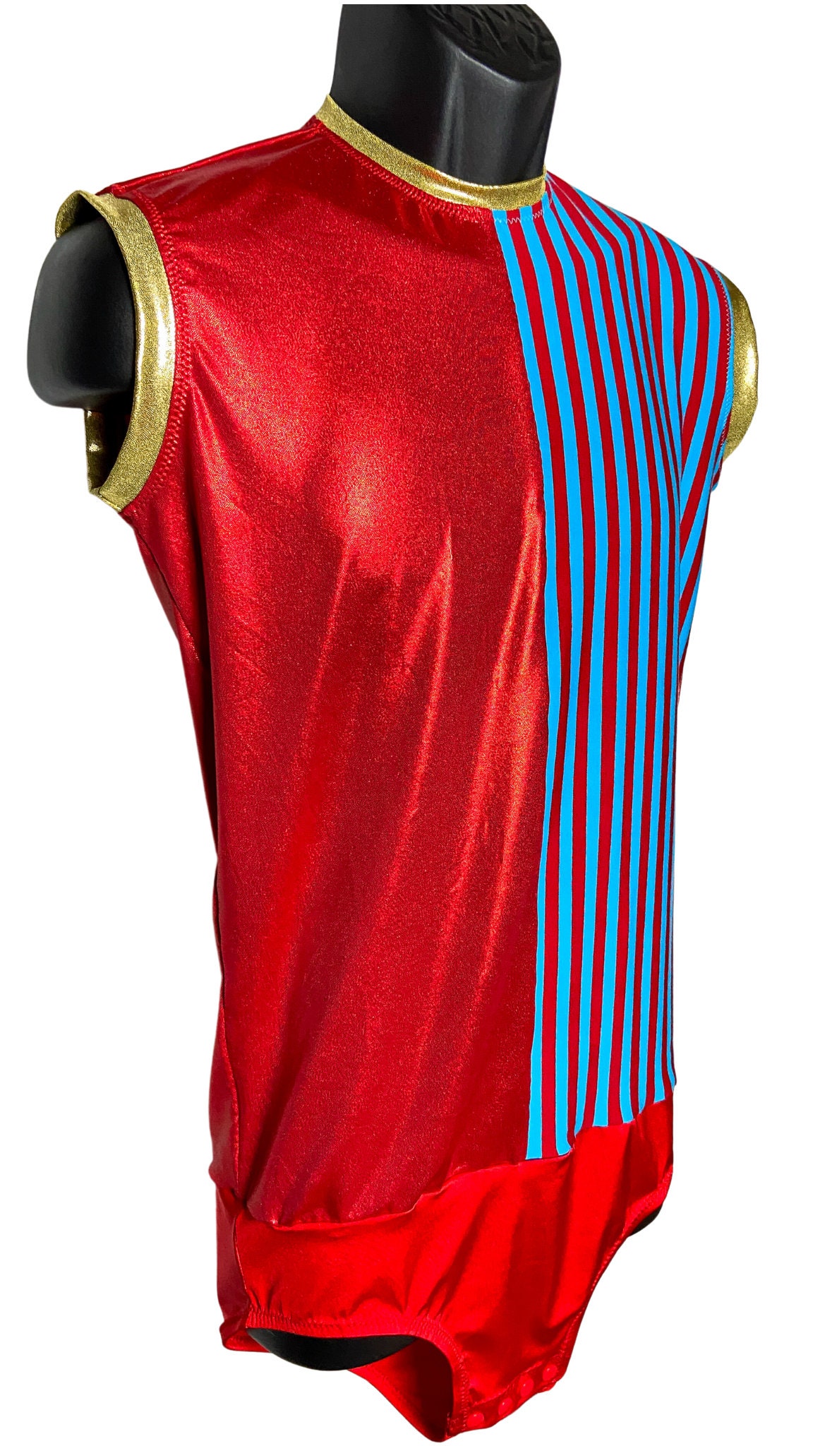 Mens Carnival Circus Tank Bodysuit, Turquoise Red Stripes, Aerial Acro ...