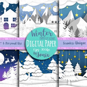 Snow Background DIGITAL Paper - Christmas Scenes - Paper Cut - Snowy ...