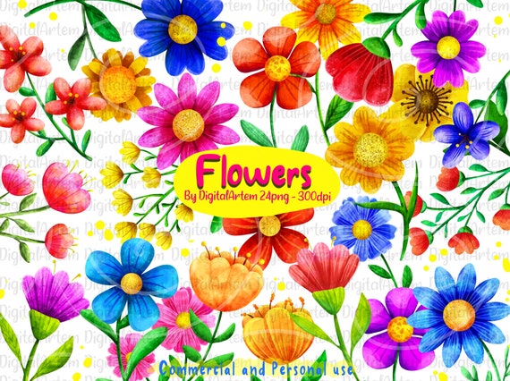 Watercolor Flowers Clipart Spring Flowers Clipart Colorful - Etsy