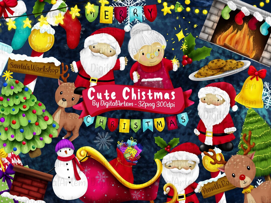 Cute Christmas Clipart Watercolor Christmas Clip Art Santa Rudolf ...