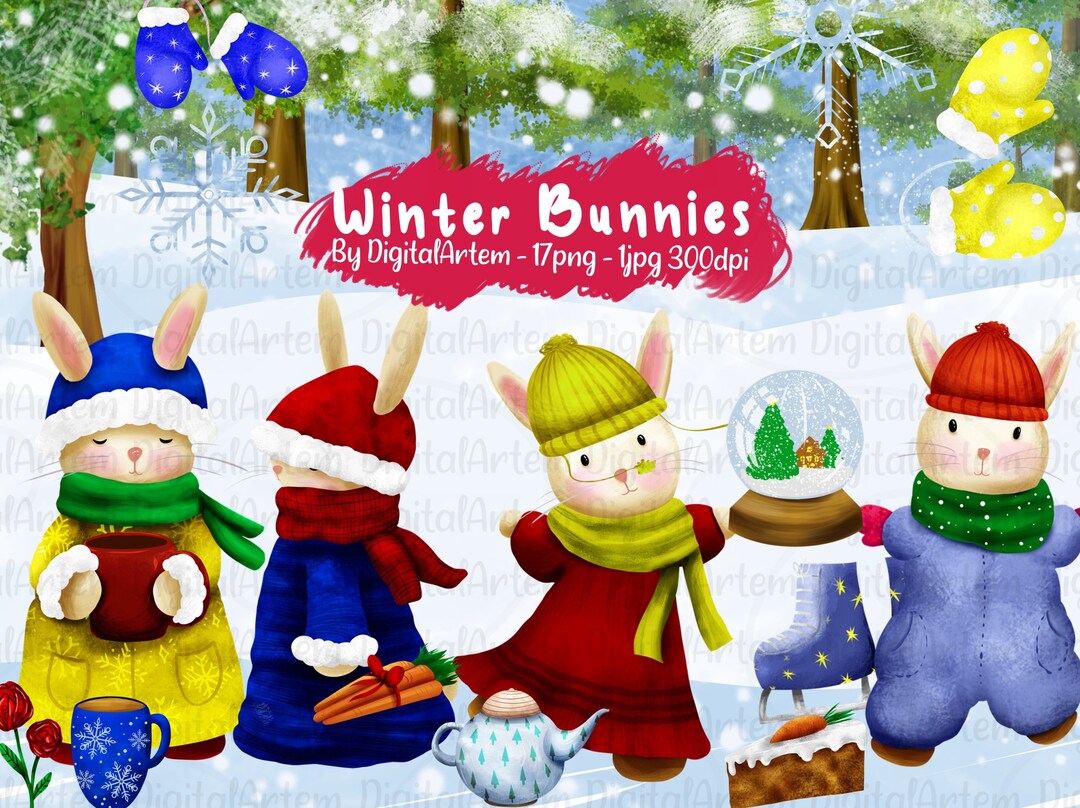 Winter Bunnies Clipart Set Watercolor Clipart Set Cut Winter Animals ...