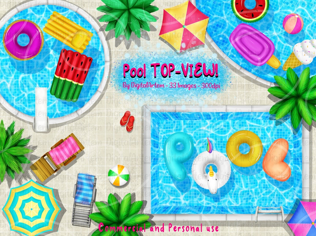 Swimming Pool TOP VIEW Clipart Set- Pool Party Clipart- Inflatables ...