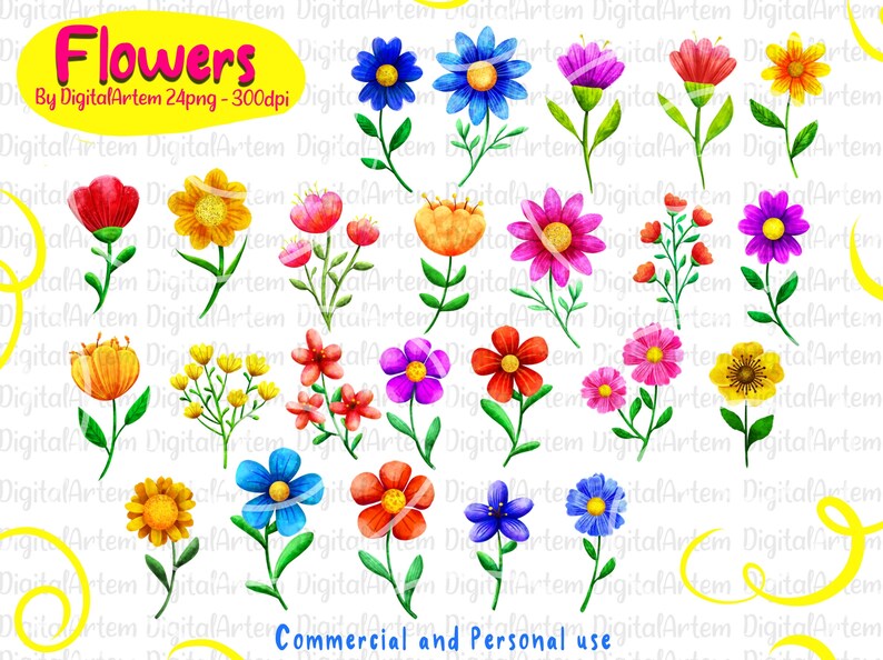 Watercolor Flowers Clipart Spring Flowers Clipart Colorful - Etsy