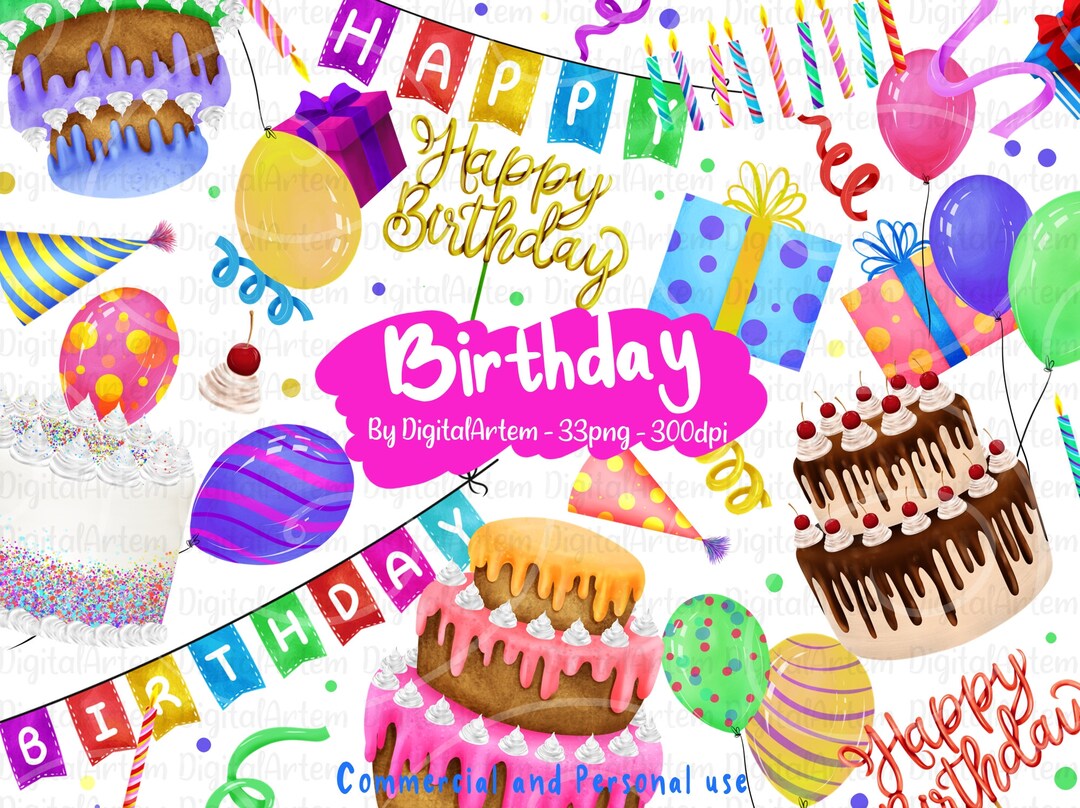 Birthday Party Clipart Set - Birthday Cake Clipart - Party Decorations ...
