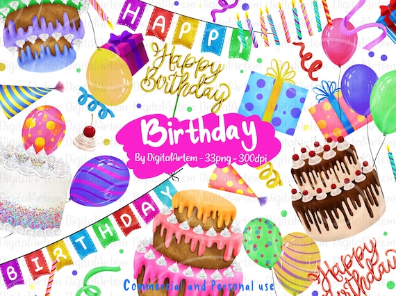 Birthday Party Clipart Set Birthday Cake Clipart Party - Etsy