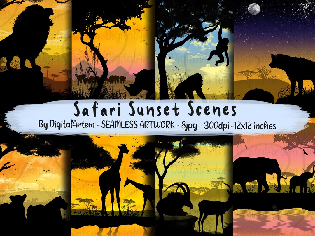 Safari Background Scenes DIGITAL Paper, African Animals Seamless Paper ...