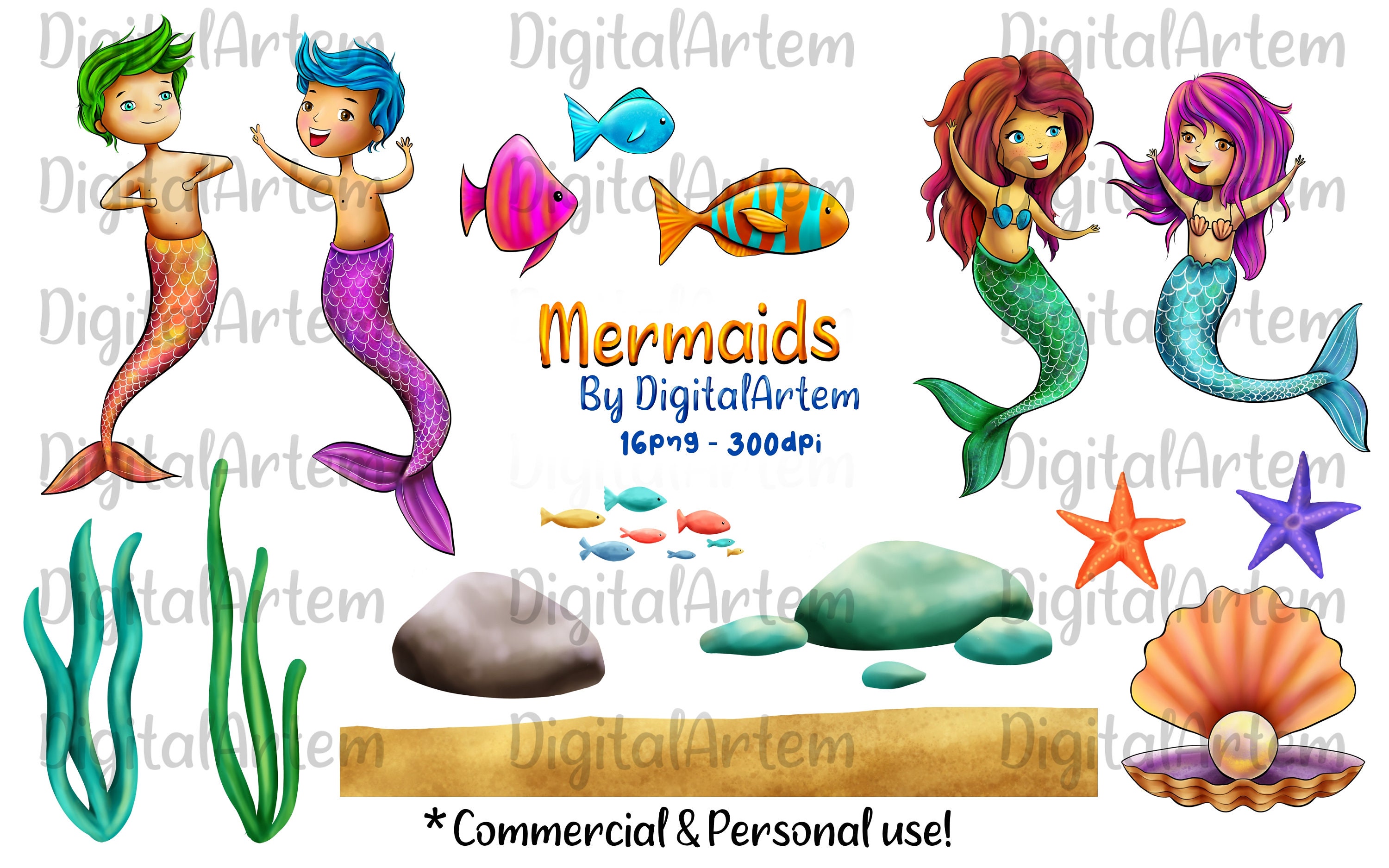 Mermaid Clipart Merman Underwater Clipart Mermaid | Etsy