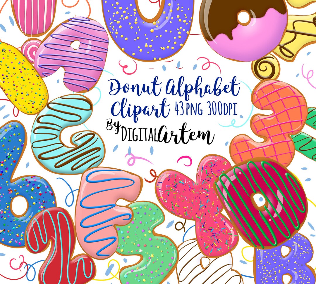 Donut Alphabet Clipart: Colorful Letters and Numbers ( PNG, 300dpi ...