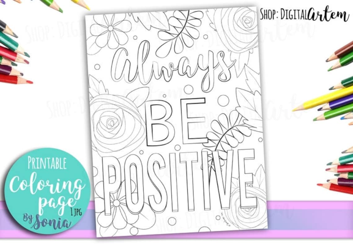 Adult Coloring Pages positive Quote and Flowers Colouring | Etsy