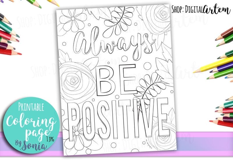 Adult Coloring Pages positive Quote and Flowers Colouring | Etsy