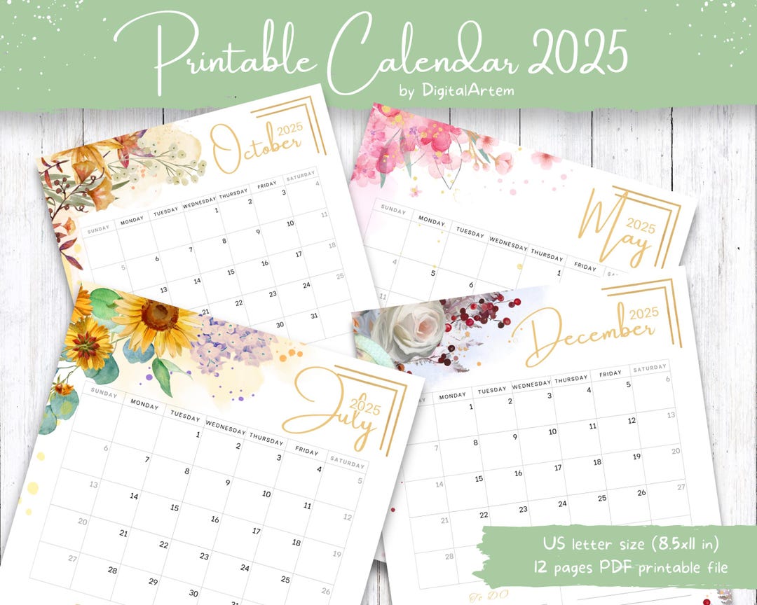 2025 Calendar Printable Download, Elegant Watercolor Floral Monthly ...