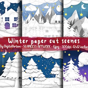 Snow Background DIGITAL Paper - Christmas Scenes - Paper Cut - Snowy ...
