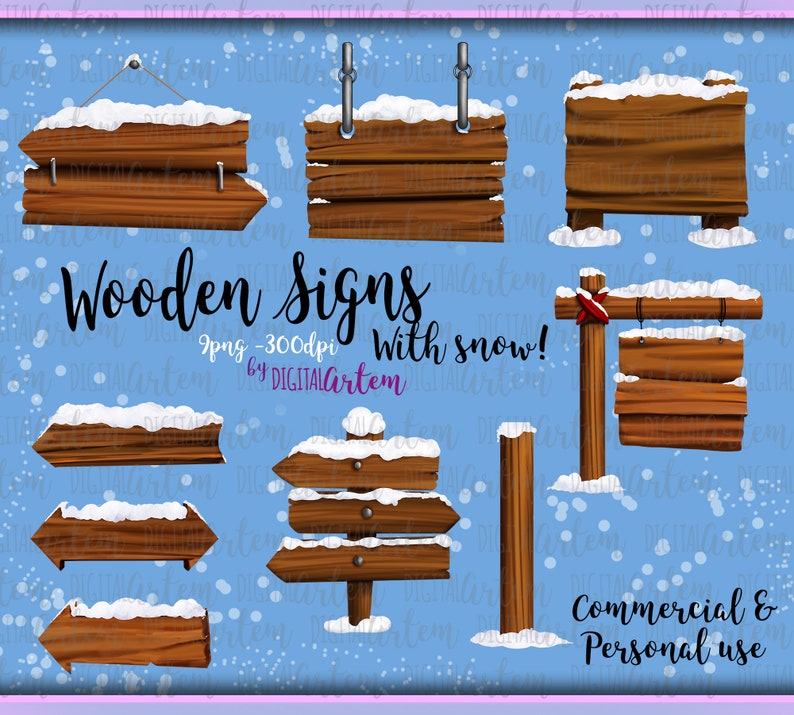 Wooden Signs With Snow Clipart Wood Signs Clipart Snowy | Etsy