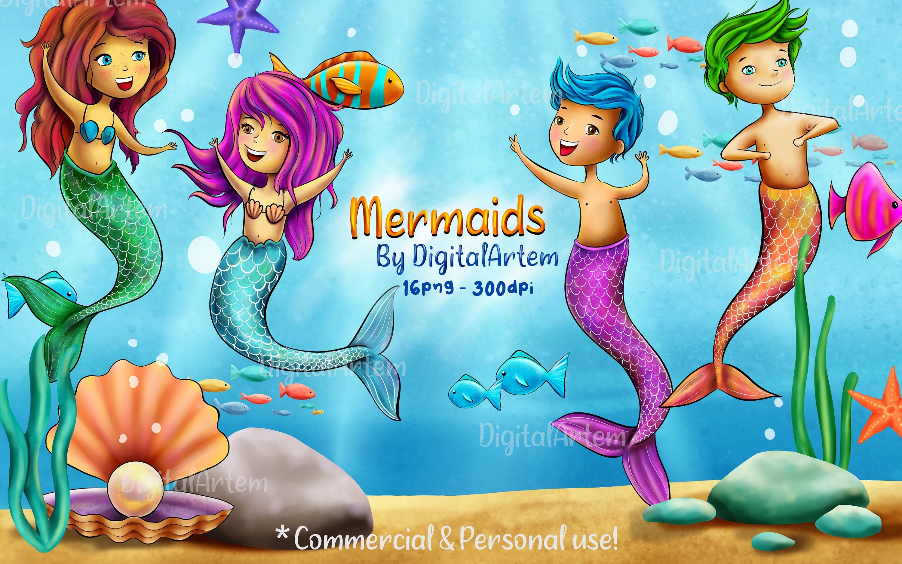 Mermaid Clipart Merman Underwater Clipart Mermaid | Etsy