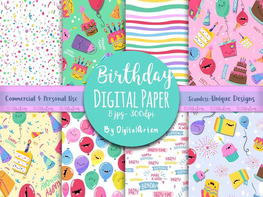 Birthday Digital Paper Birthday Party Patterned Paper Kid Party Kawaii ...