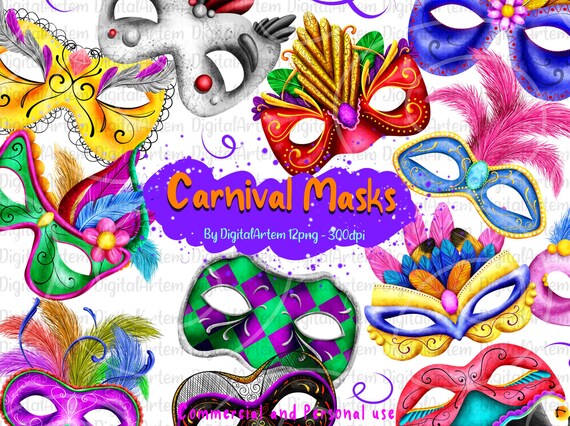 Colorful Mask Clipart Carnival Mask Clipart Mardi Gras - Etsy
