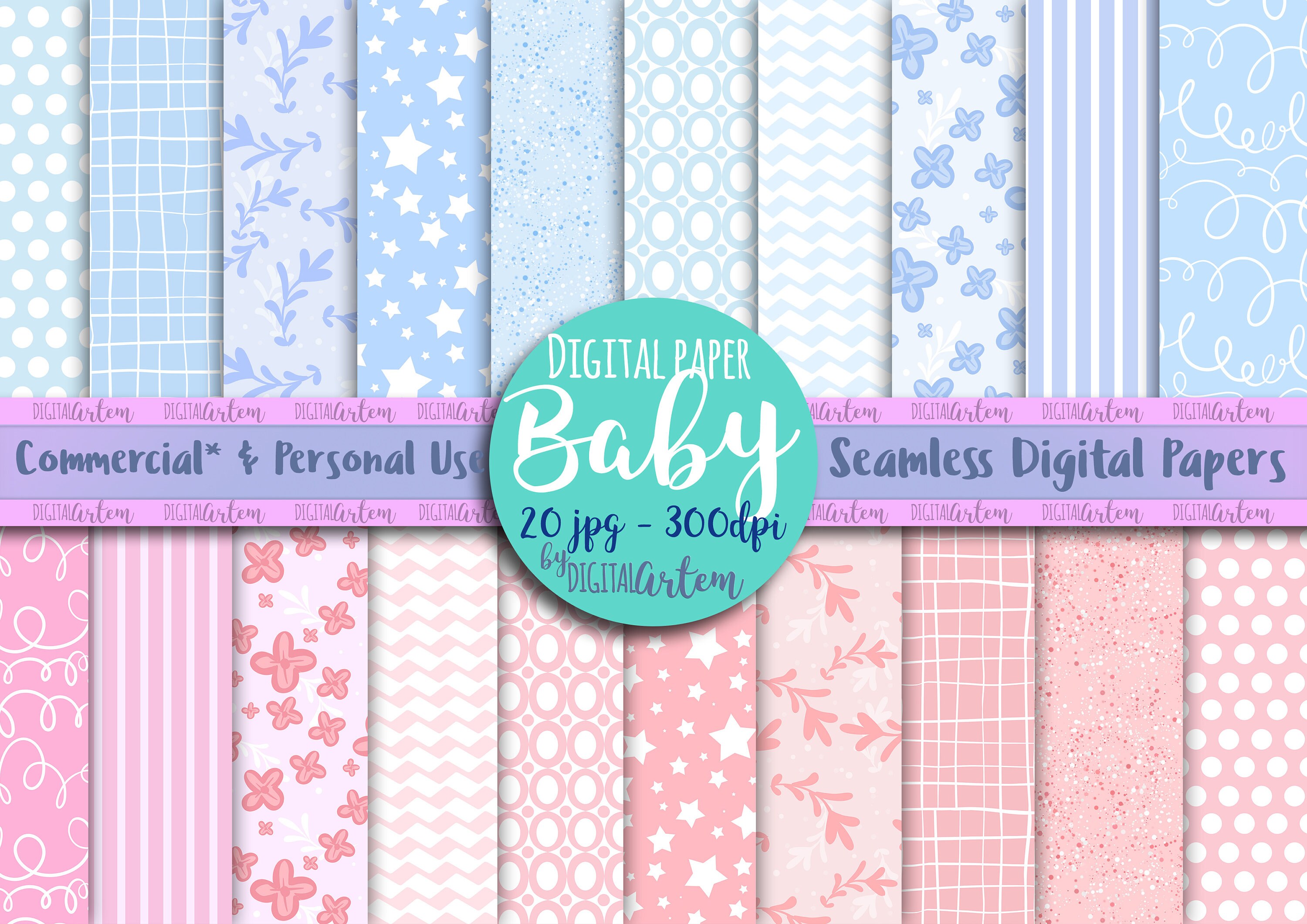 Baby nursery Digital paper Baby blue Pinks Shapes | Etsy