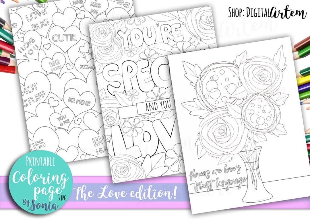 Love Coloring Pages Coloring Page Set Colouring Pages for - Etsy
