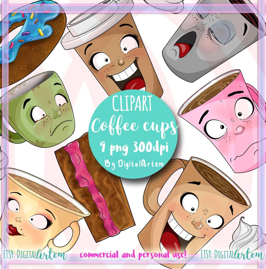 Coffee Cups Clipart- Stickers - Coffee Shop Clipart - Fun Cute Coffee ...