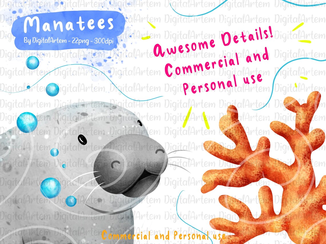 Manatee Clipart Cute Manatee Clipart Set Manatee Png - Etsy