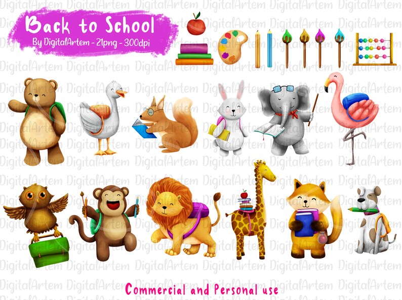 Back to School Animals Clipart Set School Clipart Set - Etsy