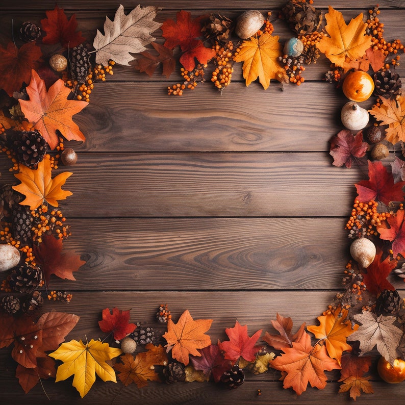 5 Autumn Leaves Product Background Bundle, Wood Table Flat Lay Mockup ...