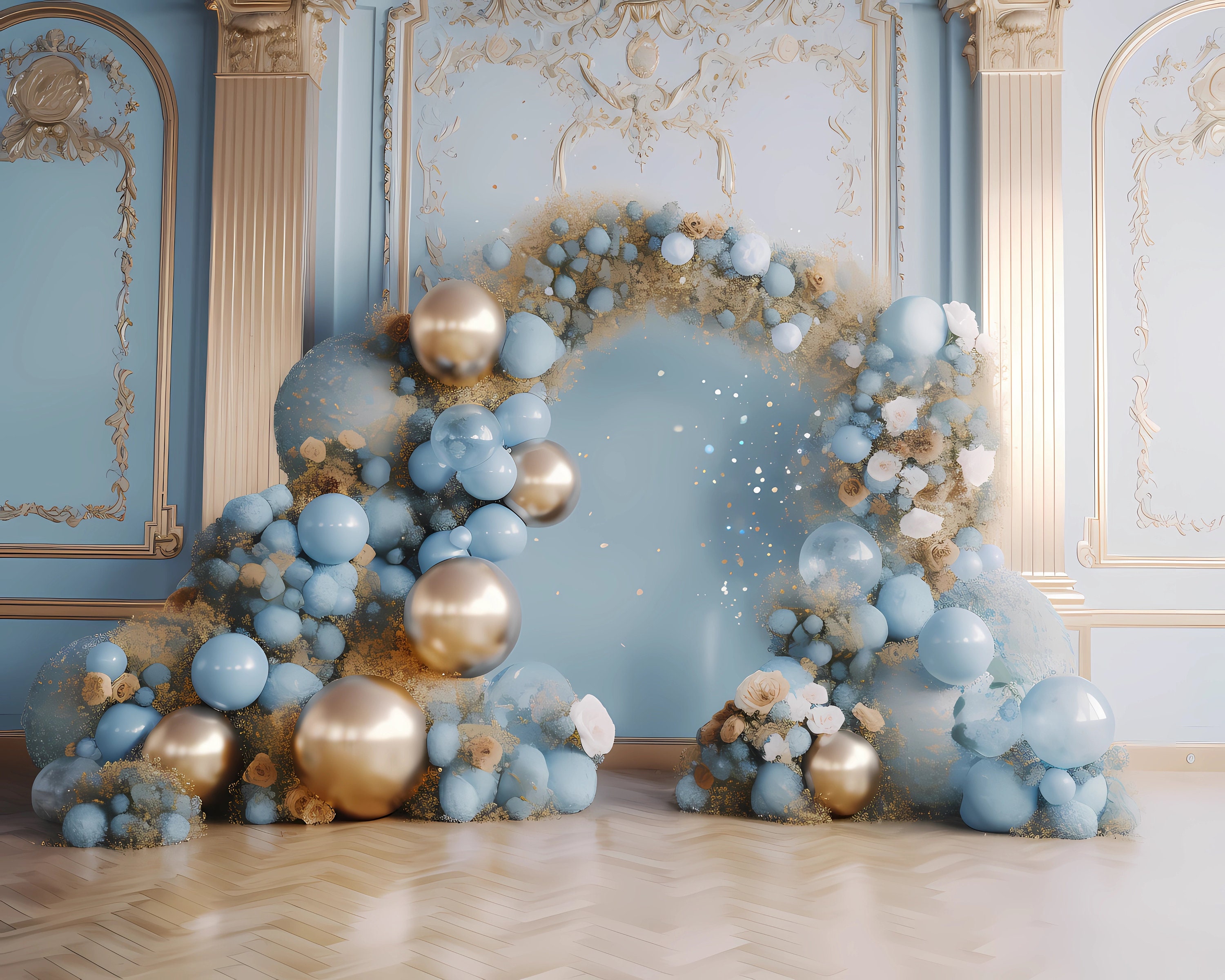 4 Baby Blue & Gold Glitter Balloons Background Backdrop for Photography ...