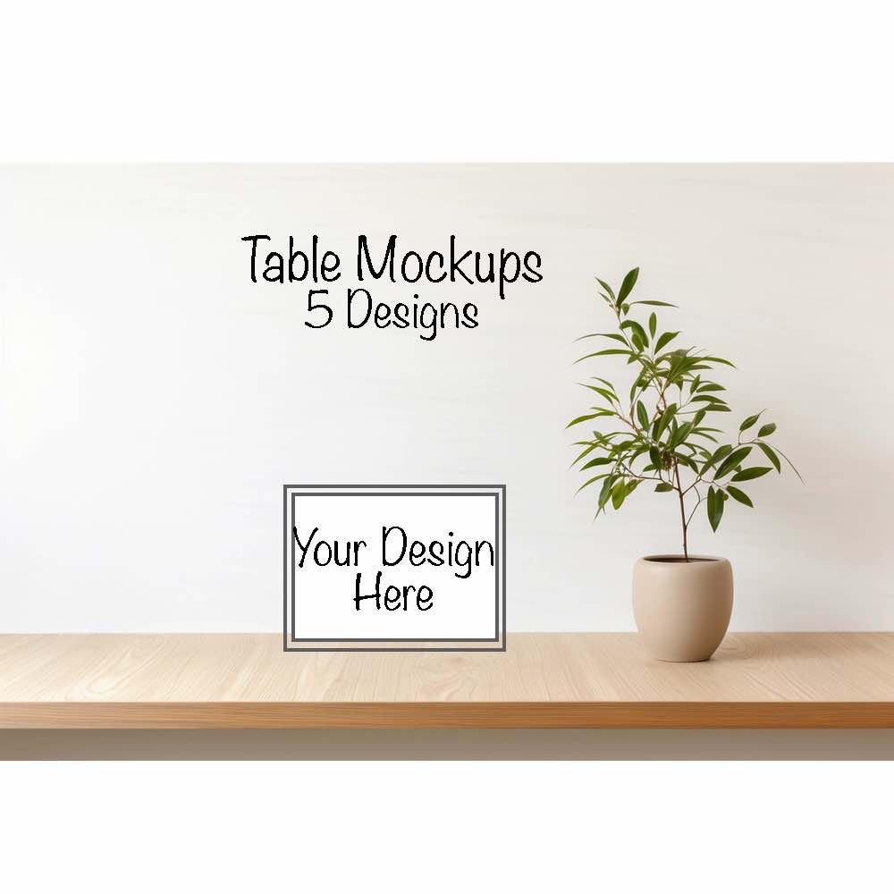 Wood Table With Plant Product Background Mockup Digital Styled Display ...