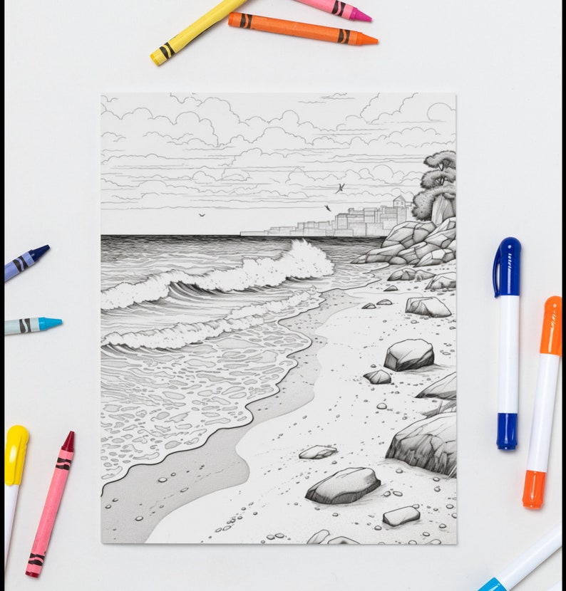 Beach Sea Ocean Seascape Coloring Book Page Bundle , Adults Kids Surf ...
