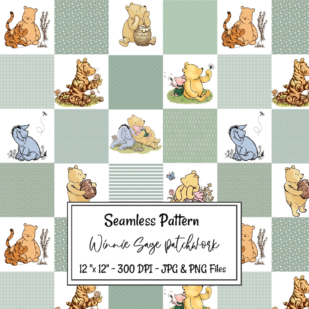 Winnie the Pooh Watercolor Seamless Pattern Sage Green Patchwork ...