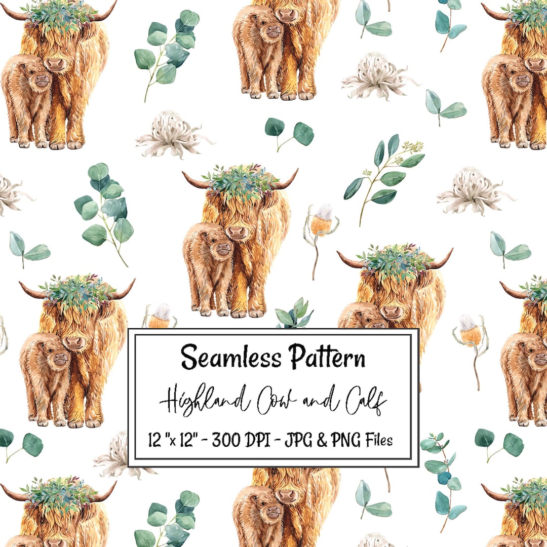 Highland Cow & Calf Watercolor Seamless Pattern Nursery Gender Neutral ...