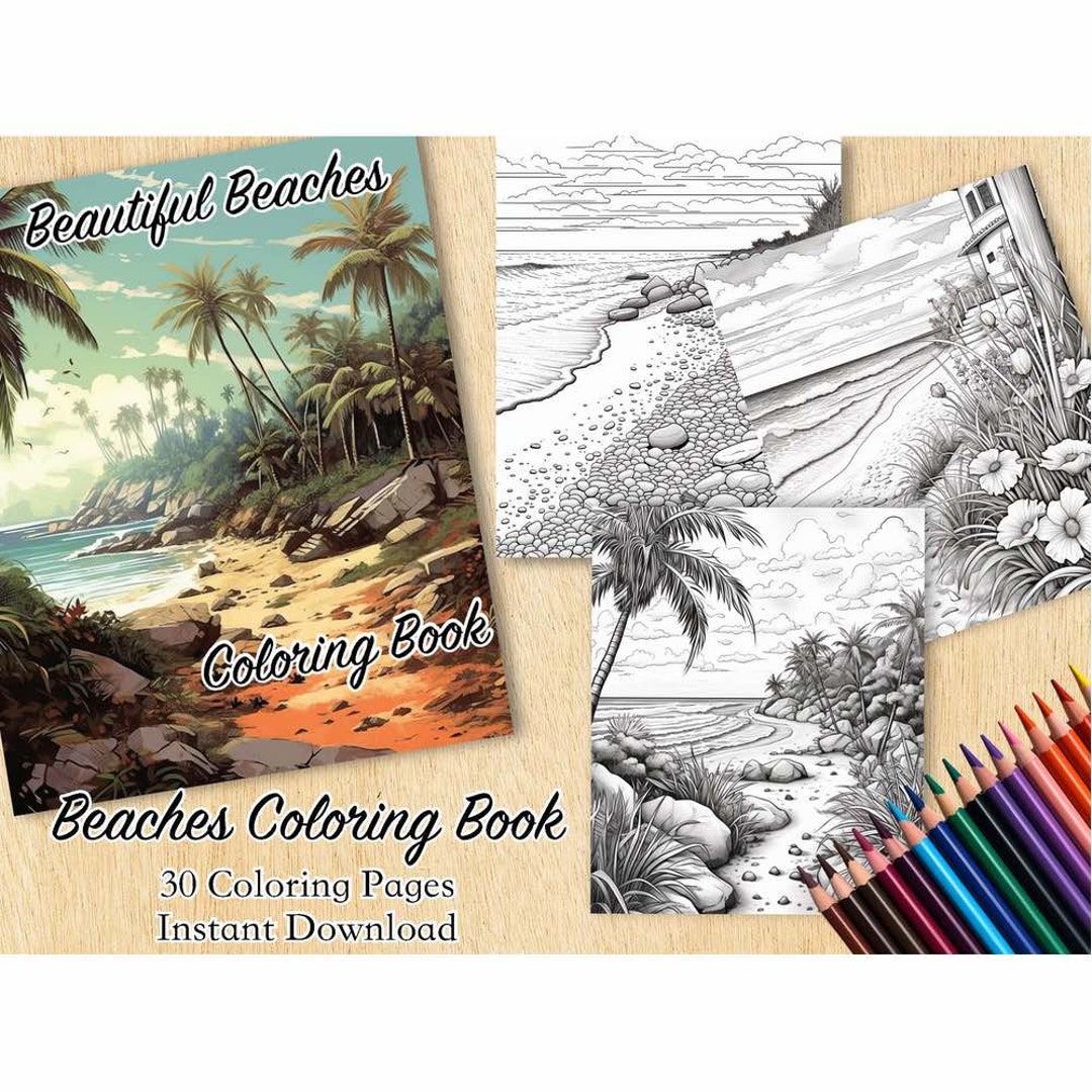 Beach Sea Ocean Seascape Coloring Book Page Bundle , Adults Kids Surf ...