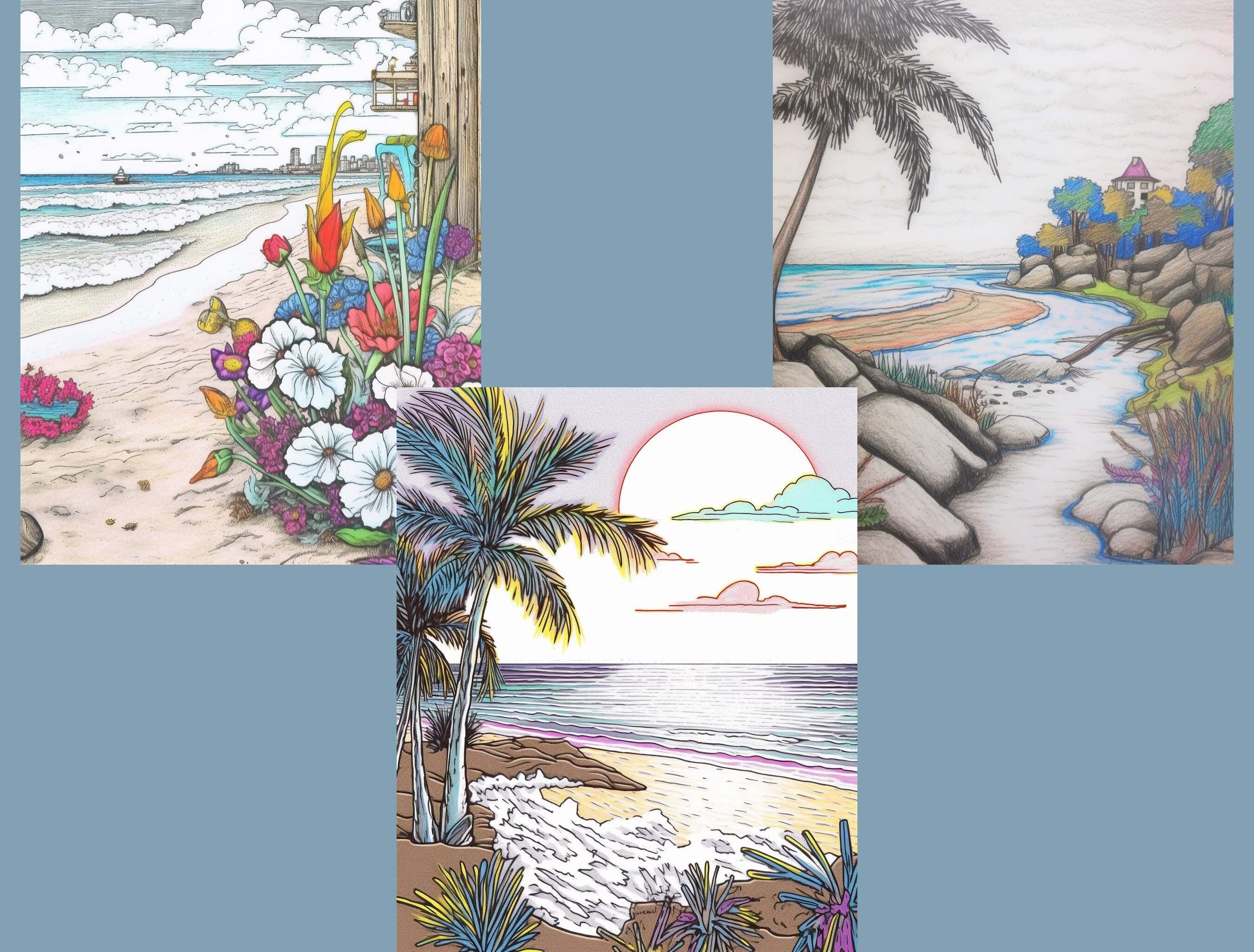 Beach Sea Ocean Seascape Coloring Book Page Bundle , Adults Kids Surf ...
