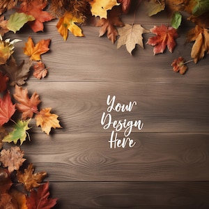 5 Autumn Leaves Product Background Bundle, Wood Table Flat Lay Mockup ...
