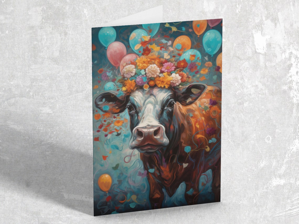 Cow With Balloons Instant Download Birthday Card, Digital Foldable ...