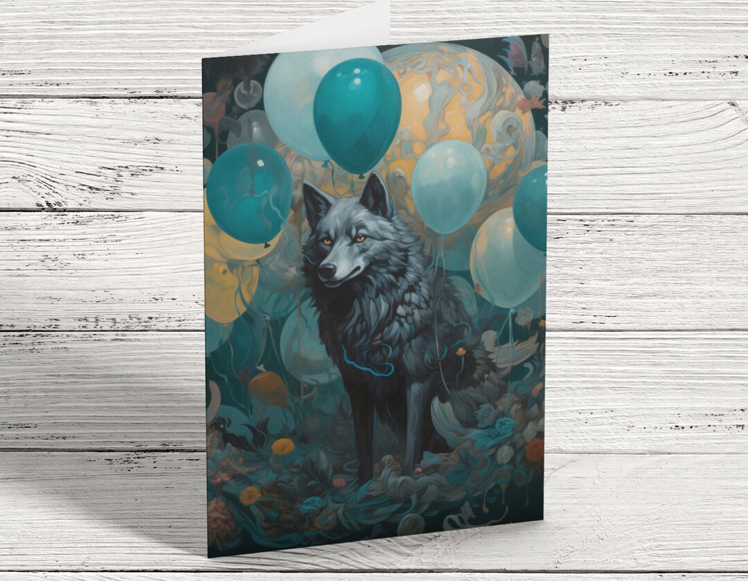 Wolf With Balloons Instant Download Birthday Card, Digital Foldable ...