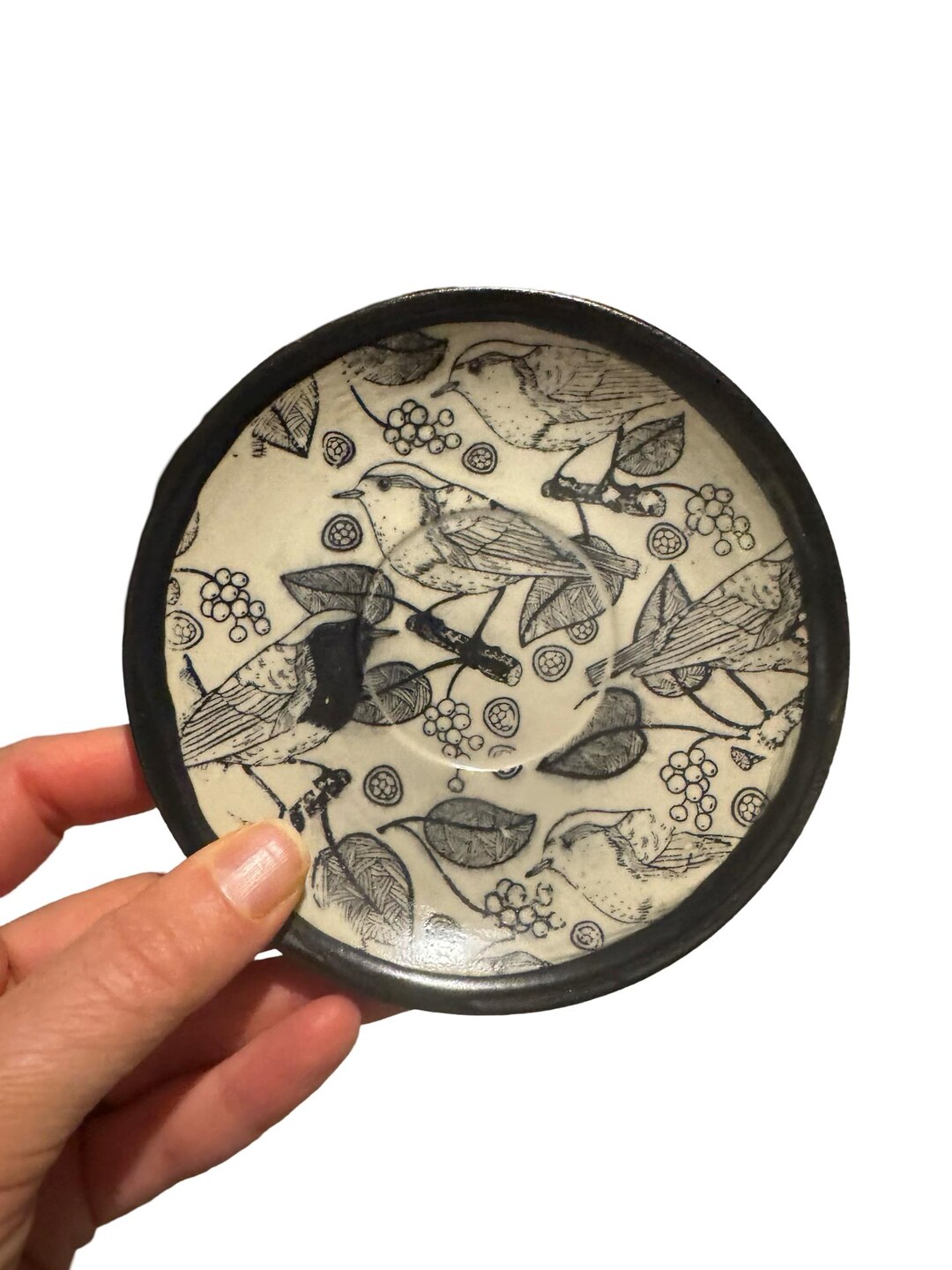 Black and White Songbird Small Ceramic Handmade Plate - 5” - Nuthatch ...