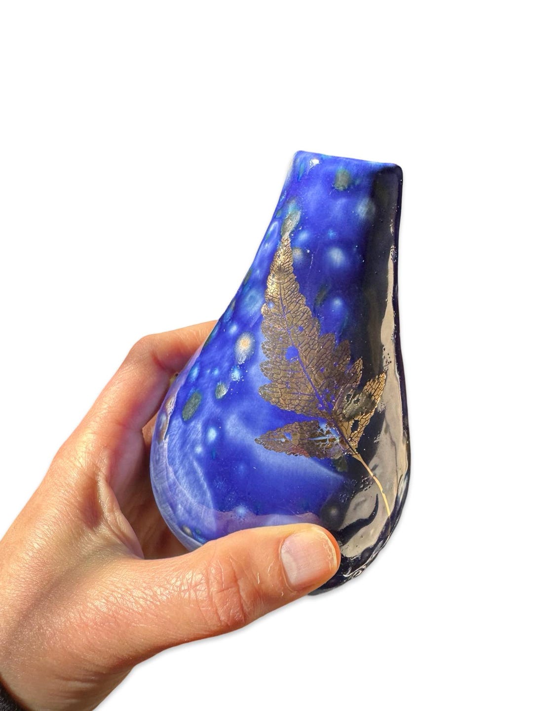 Gold Leaf Fern Ceramic Vase: Navy Blue Crystal Glaze Bud Vase - Etsy