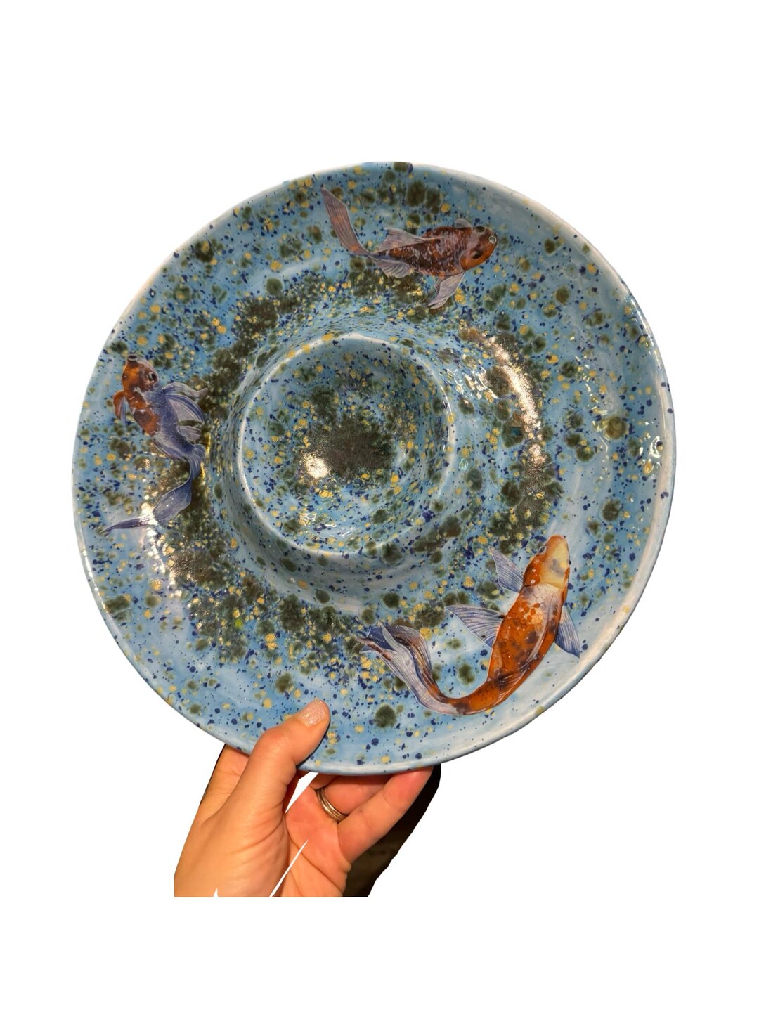 Asian Koi Goldfish Pond Hand Painted Ceramic Round Stoneware Pottery ...