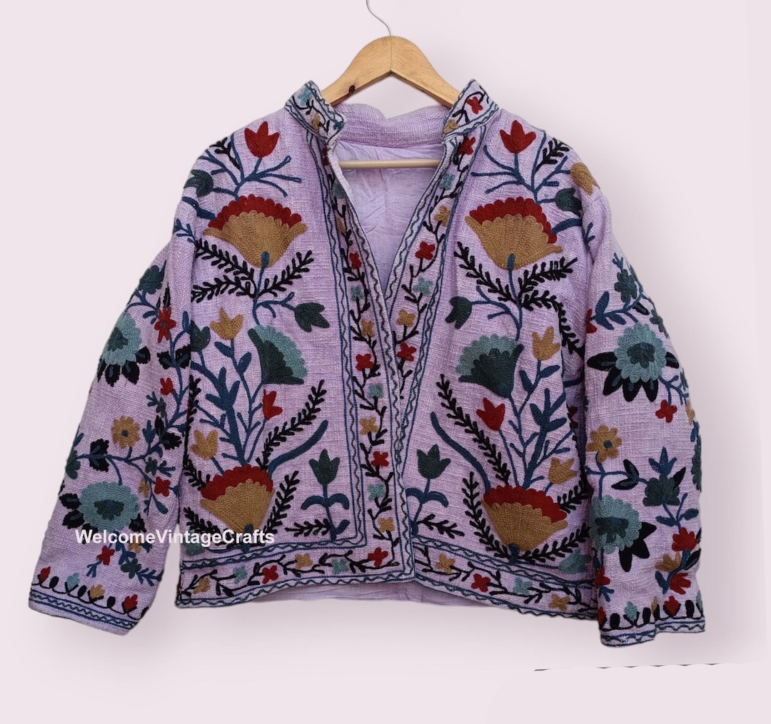Purple Suzani Embroidery Cotton Jacket Women Wear Front Open Handmade ...