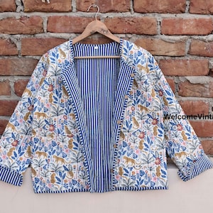 Cotton Quilted Jacket Women Wear Front Open Kimono Stripe Piping ...