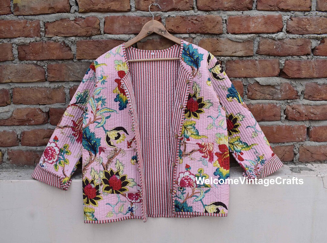Pink Cotton Quilted Jacket Women Front Open Kimono Stripe Piping ...
