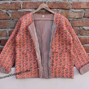Cotton Quilted Jacket Women Wear Front Open Kimono Stripe Piping ...