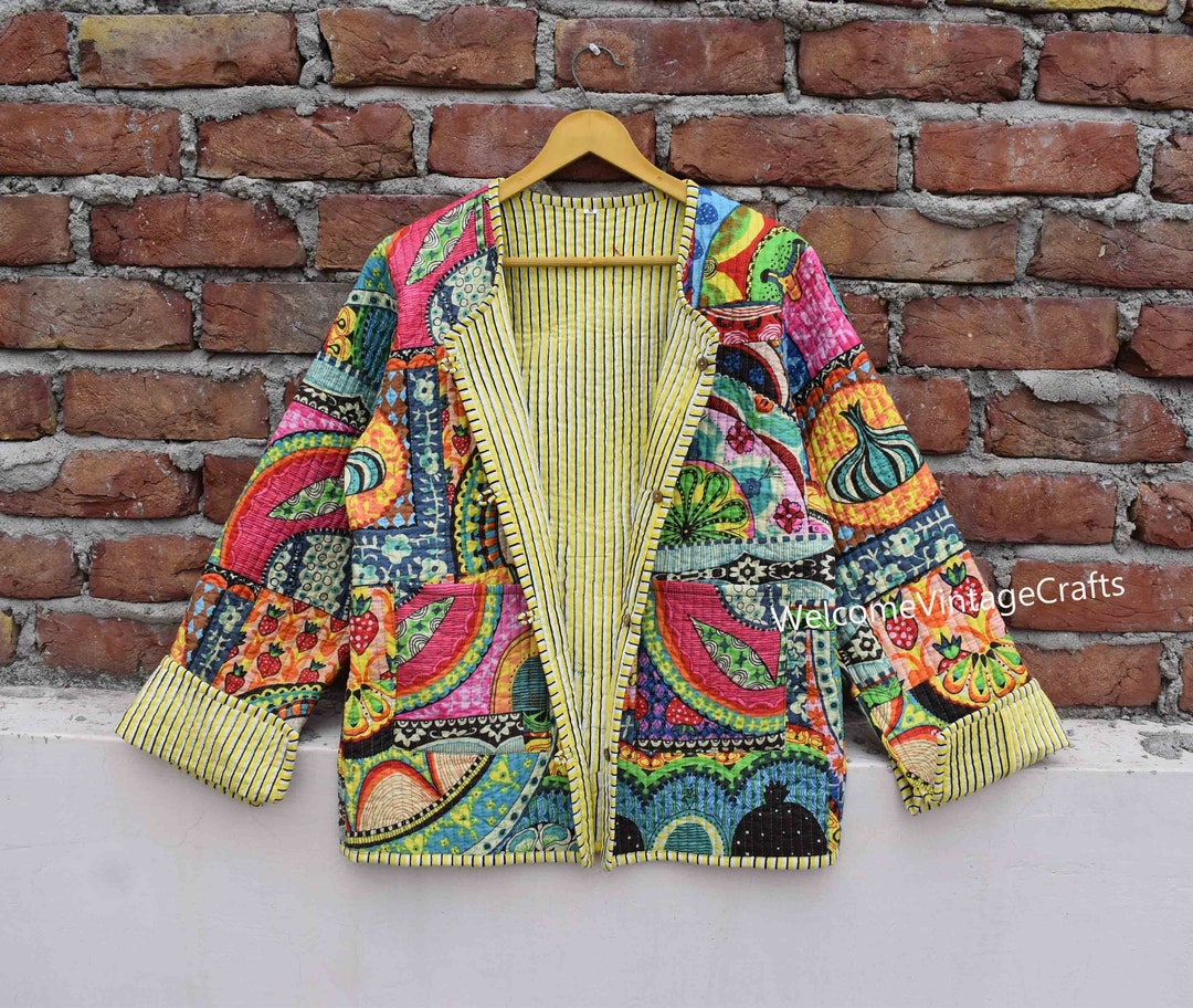 Cotton Quilted Jacket Women Wear Front Open Kimono Stripe Piping ...