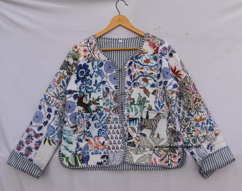 Cotton Quilted Jacket Women Wear Front Open Kimono Stripe Piping ...