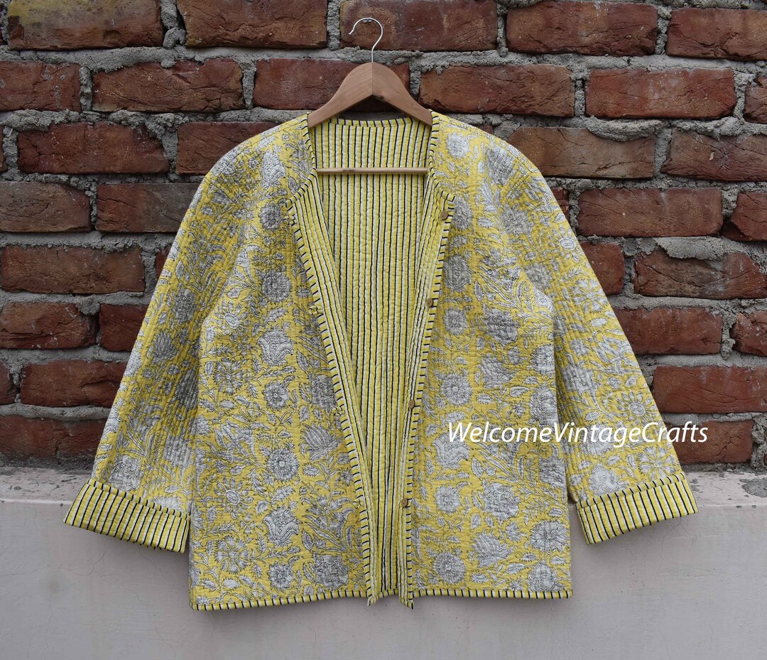 Cotton Quilted Jacket Women Wear Front Open Kimono Stripe Piping ...