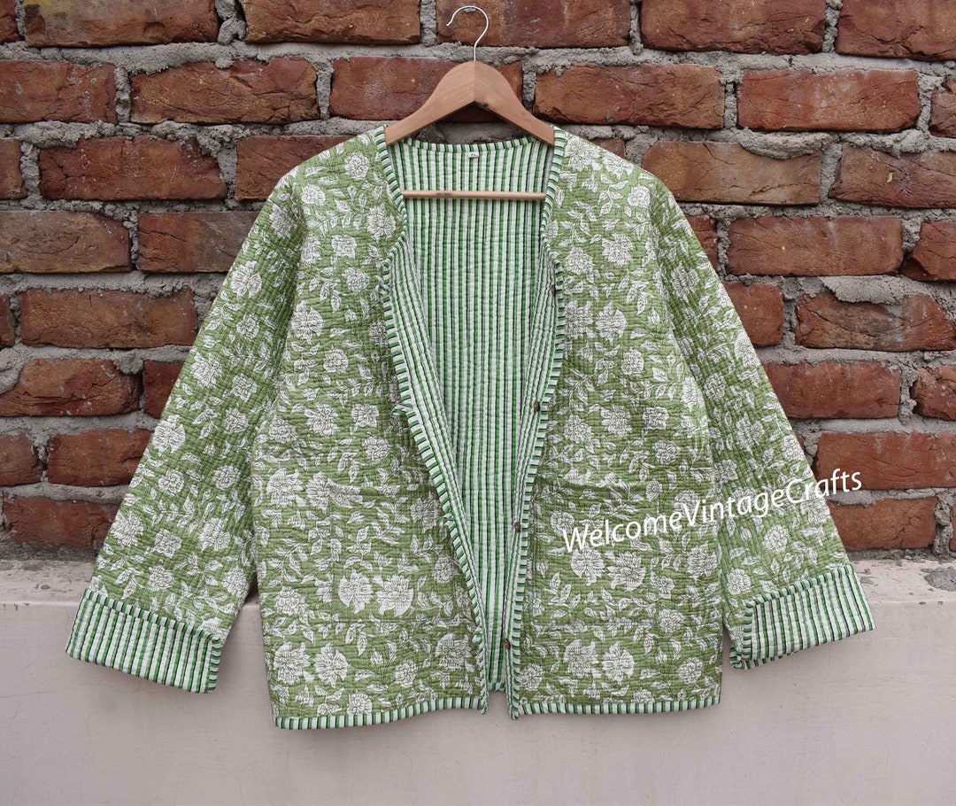 Cotton Quilted Jacket Women Wear Front Open Kimono Stripe Piping ...