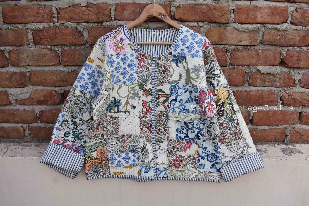 Flower Quilted Jacket, Vintage Reversible V Neck Jacket, Two in One ...